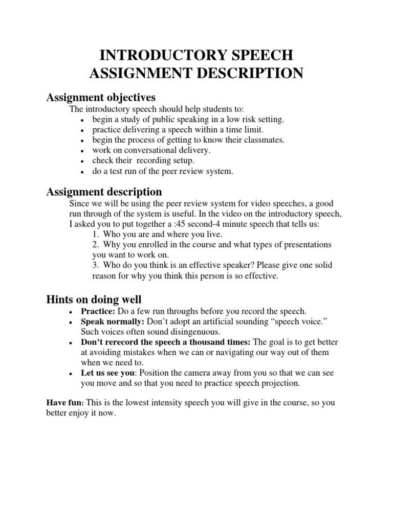 Introductory Speech Assignment Description | PDF | Career & Growth
