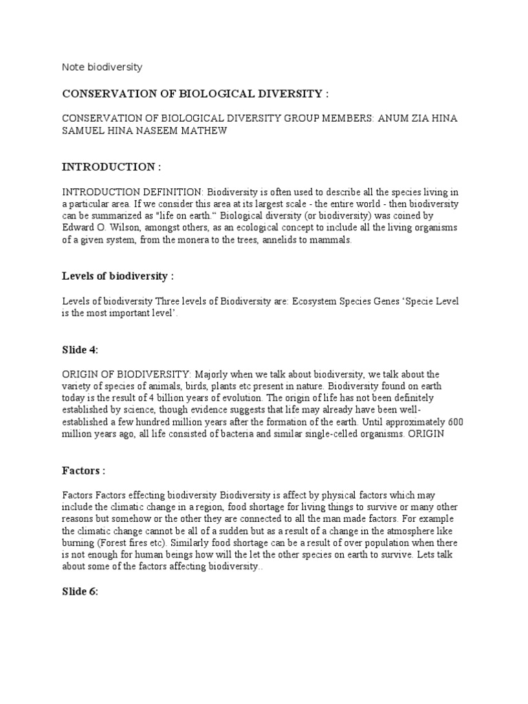 Conservation of Biological Diversity:: Note Biodiversity | PDF ...