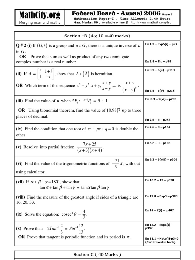 FBISE Maths 1A2006 FSC Part1 | PDF | Trigonometric Functions | Algebra