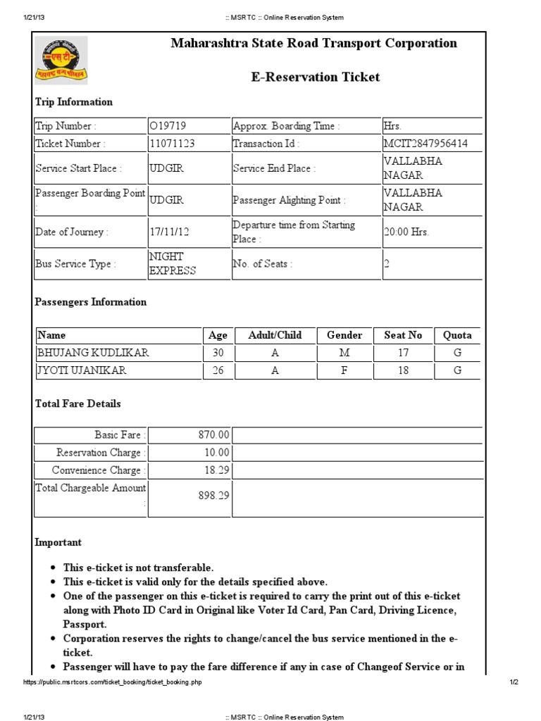 MSRTC Online Reservation E-Ticket Details | PDF