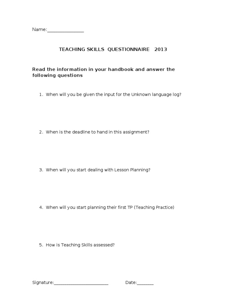 Teaching Skills Questionnaire 2013 | PDF
