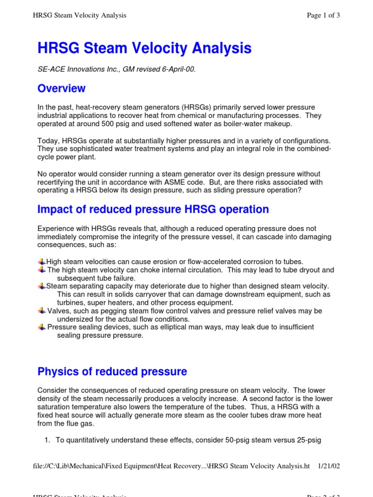 HRSG Steam Velocity Analysis | PDF | Steam | Boiler