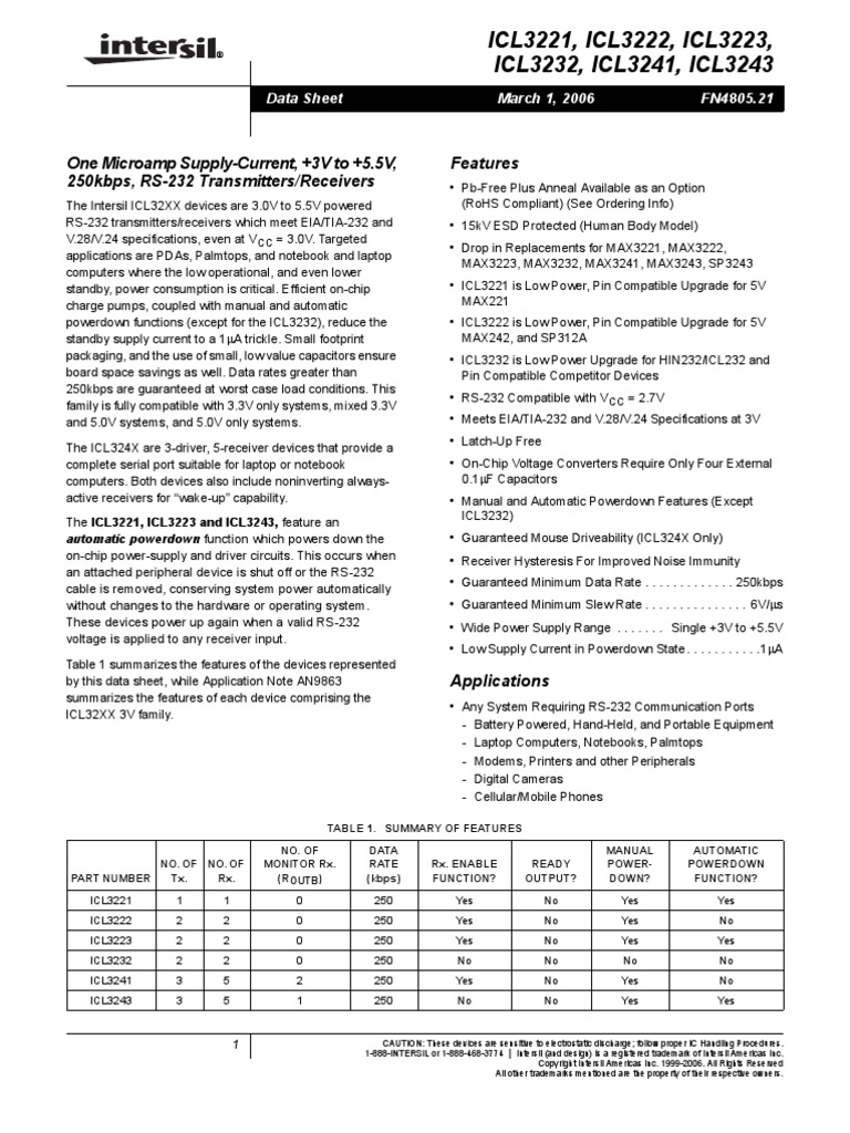 Icl3221, Icl3222, Icl3223, Icl3232, Icl3241, Icl3243 | PDF | Capacitor ...