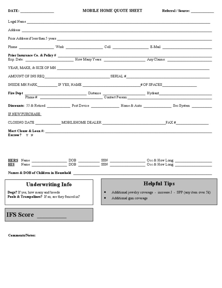 Mobile Home Quote Sheet | PDF