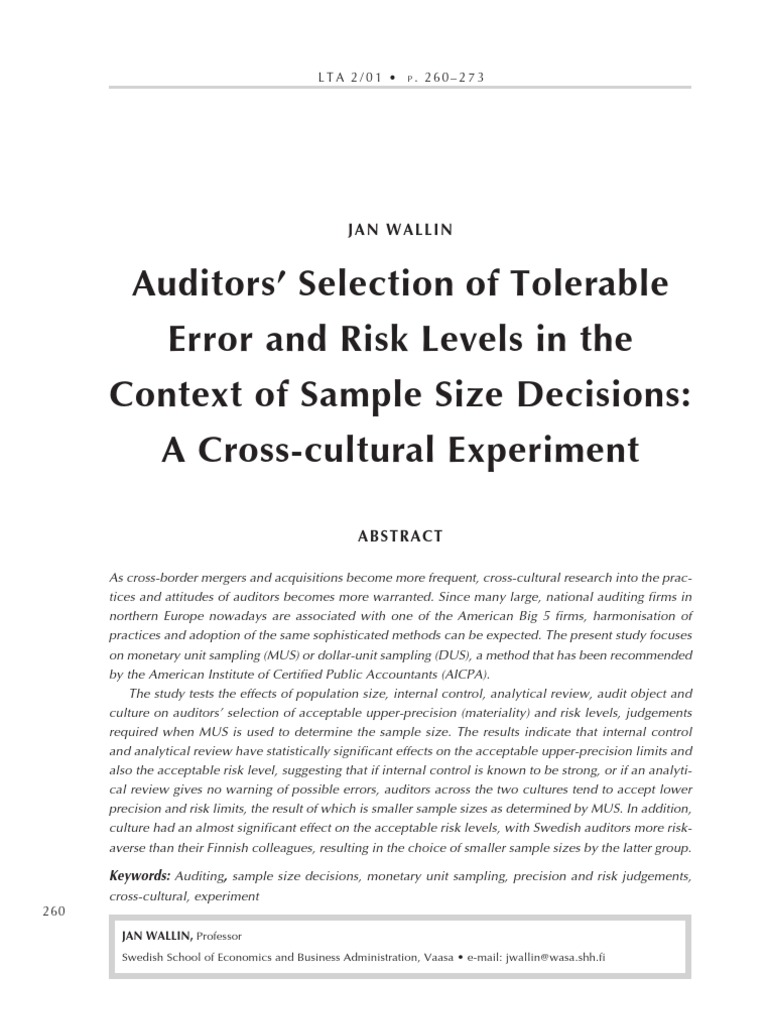 Auditors' Selection of Tolerable Error and Risk Levels in The Context ...