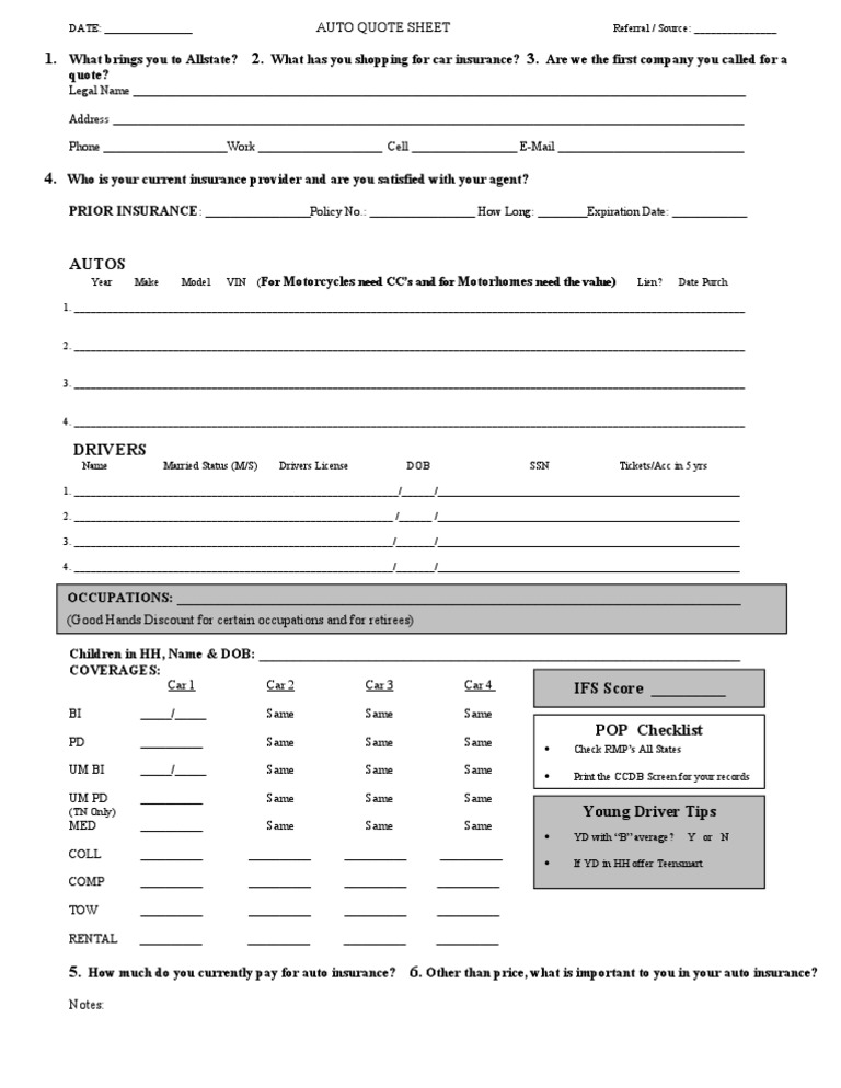 Auto Quote Sheet | PDF