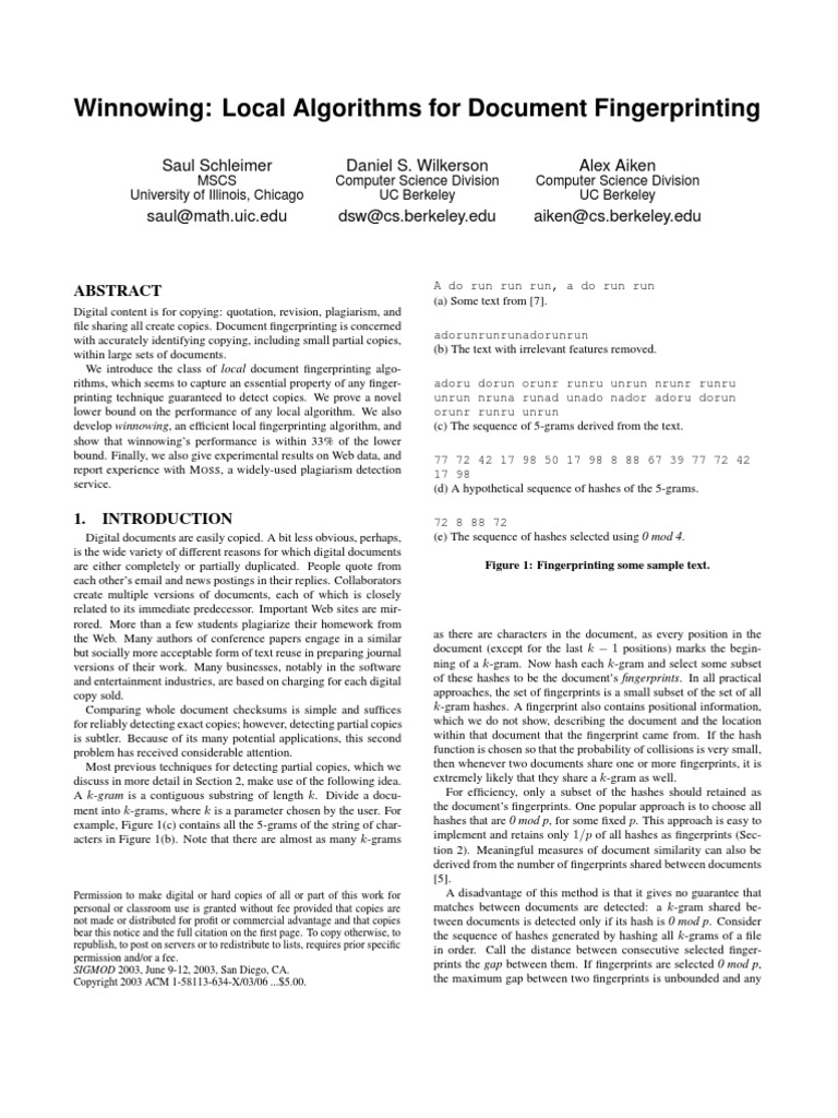 Winnowing: Fingerprinting Algorithm | PDF | Areas Of Computer Science | Applied Mathematics