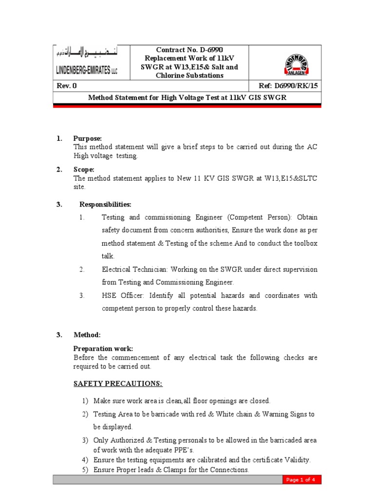 Method Statement of HV Test | PDF | High Voltage | Electrical Substation