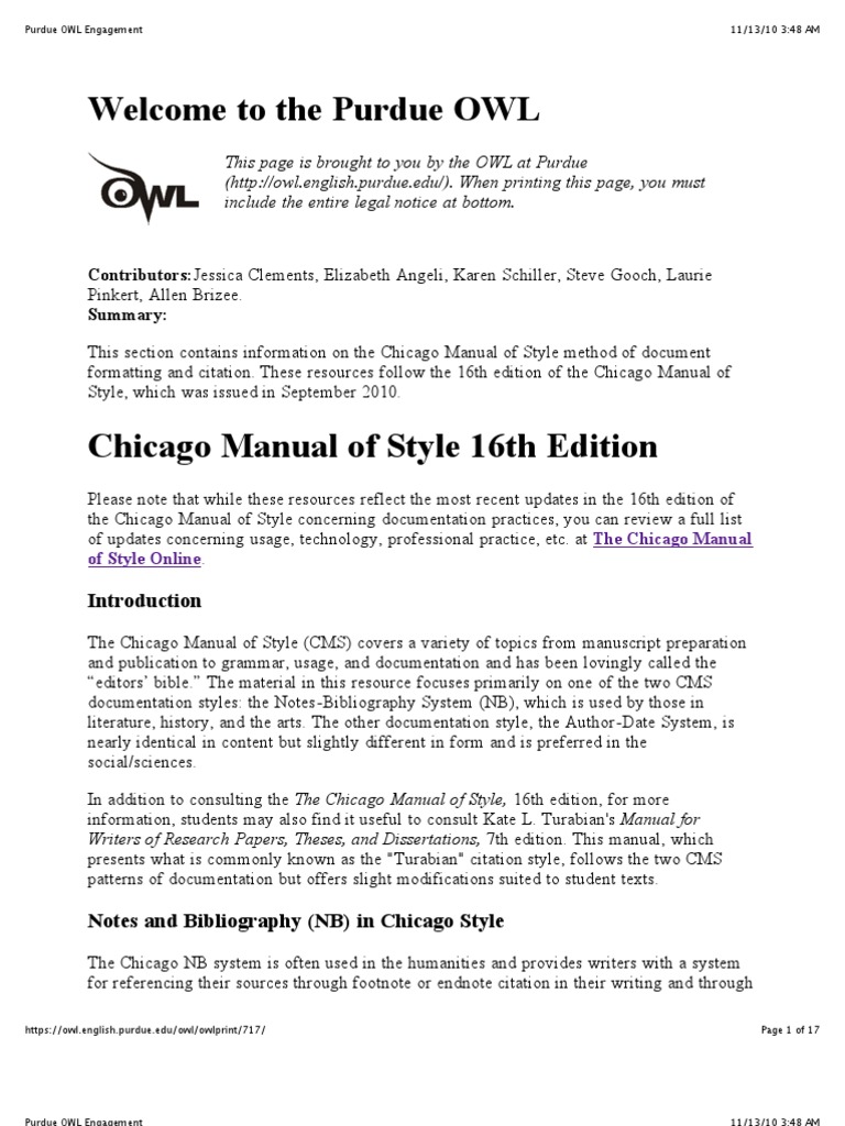 Chicago Manual of Style 16th Ed-Purdue OWL Engagement | PDF | Note ...