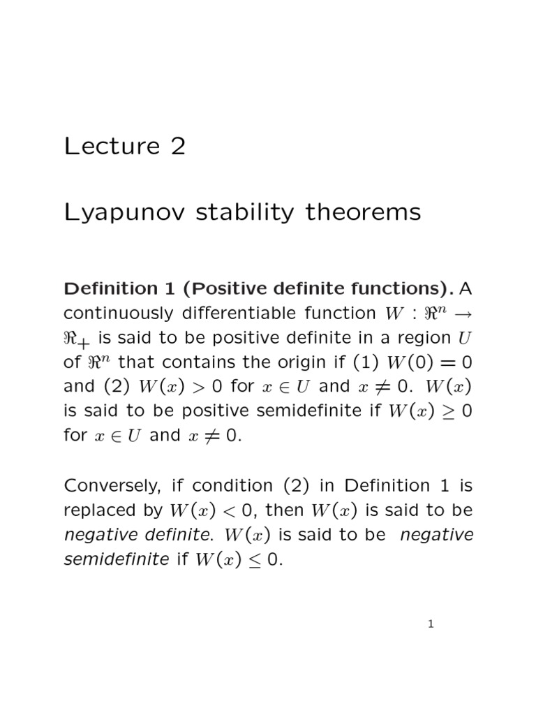 Lyapunov Stability Theorems: Definition 1 (Positive Definite Functions ...