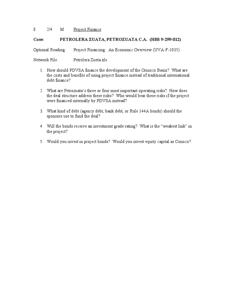 Petrolera Zuata, Petrozuata C.A. (HBS 9-299-012) | PDF | Debt | Project ...