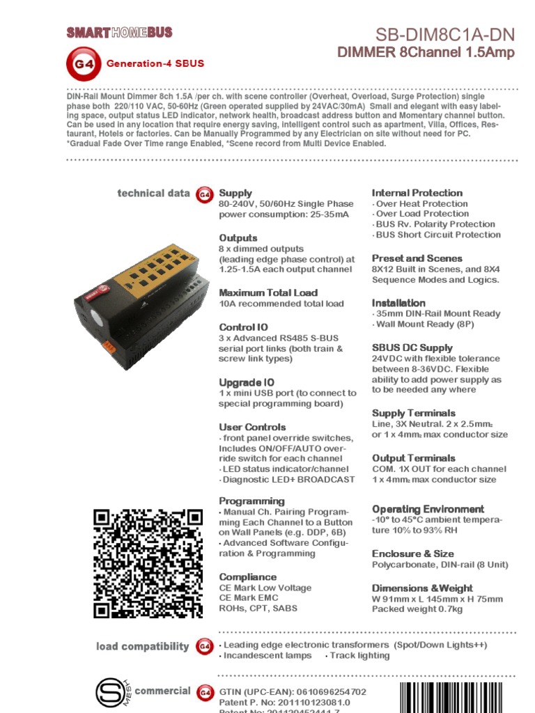 SmartBus G4 SB Dim8c1.5a DN (Data Sheet) v2 | PDF