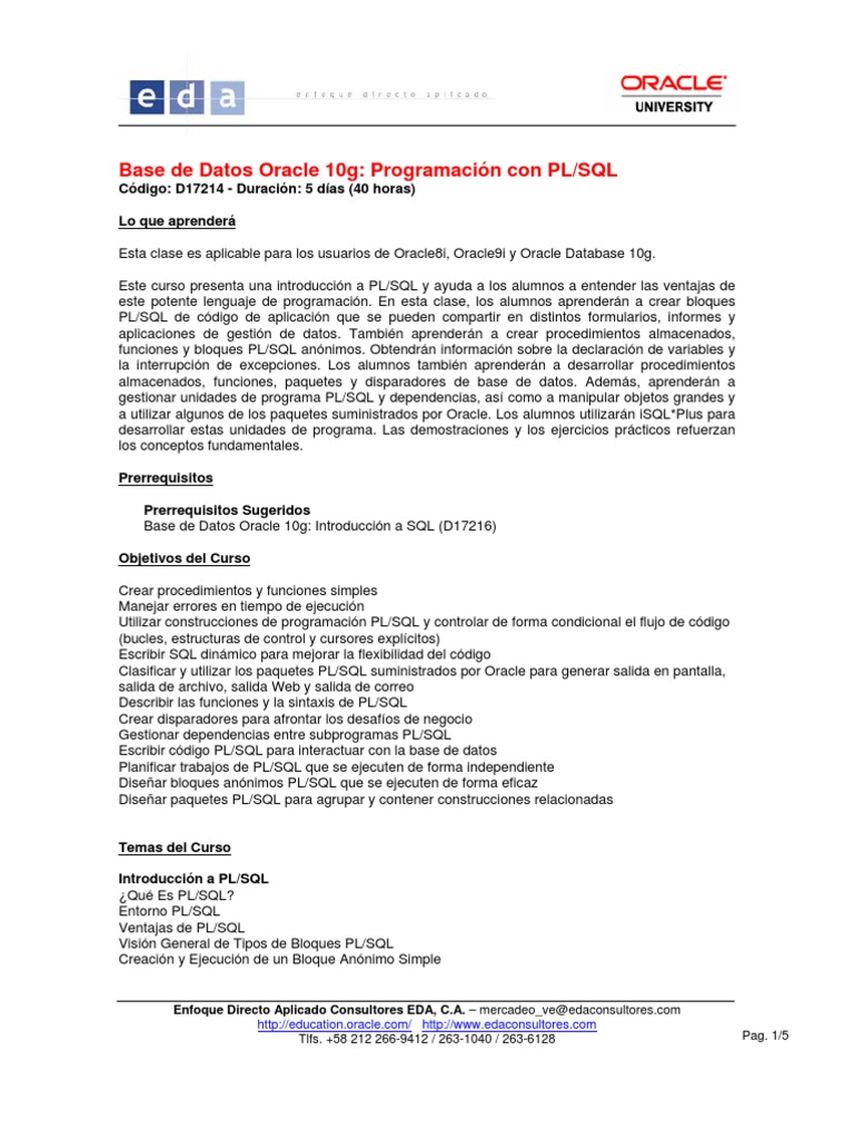 Base de Datos Oracle 10g - Programacion Con PLSQL (D17214) | PDF | Pl / Sql | SQL