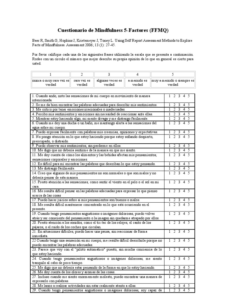 Cuestionario de Mindfulness 5 Factores (FFMQ) | Verdad | Psicología