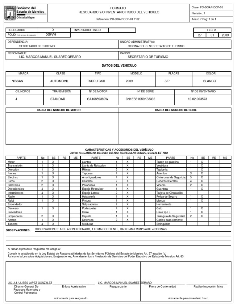 Formato de resguardo y/o inventario físico de un vehículo Nissan Tsuru ...