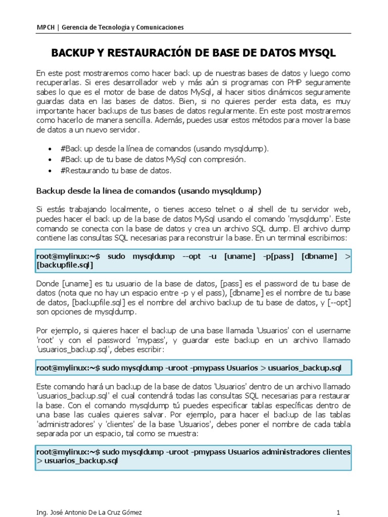 Backup y Restauración de Base de Datos Mysql | PDF | SQL | Apoyo