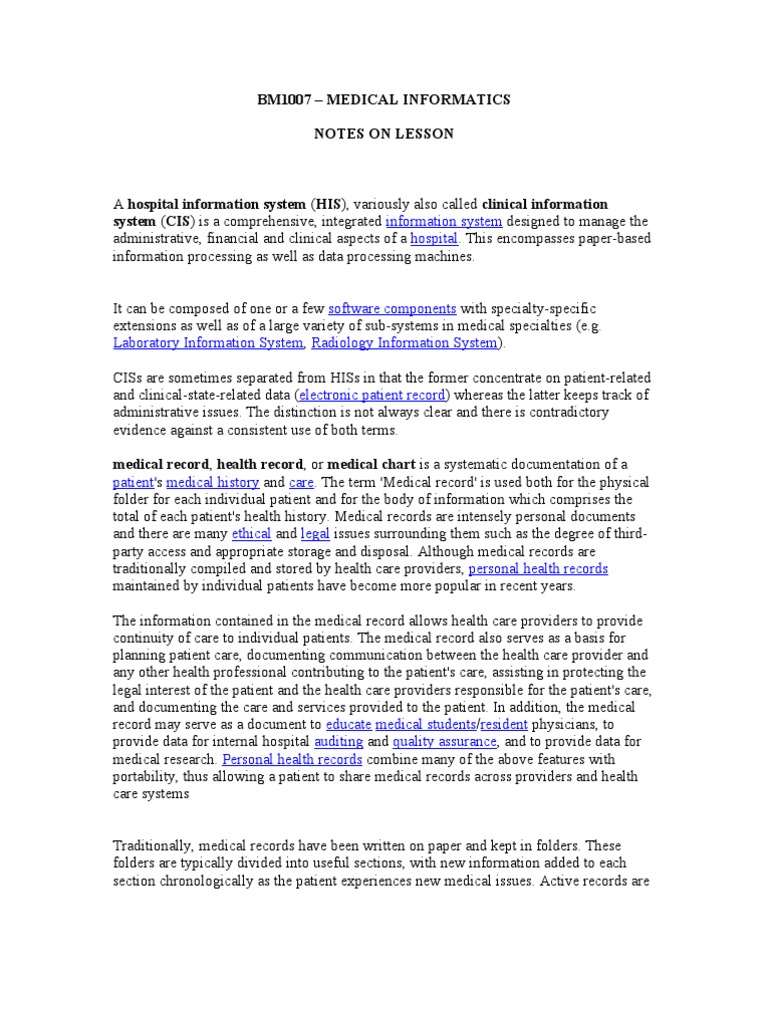 Bm1007 - Medical Informatics Notes On Lesson | PDF | Medical Record ...