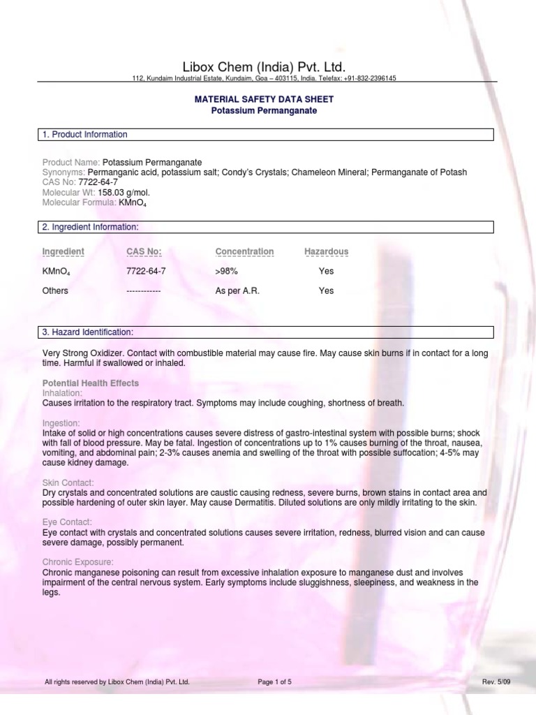 Msds KMnO4 | Toxicity | Manganese