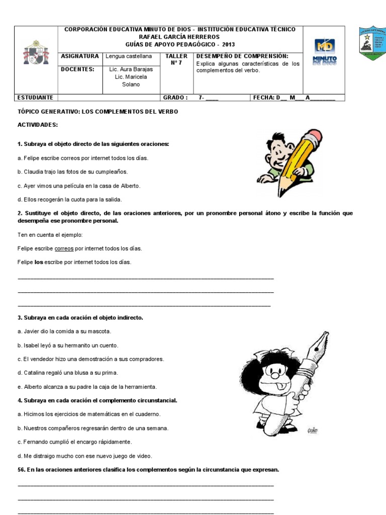 Taller 7 de 7° Complementos Del Verbo | PDF | Objeto (gramática) | Verbo