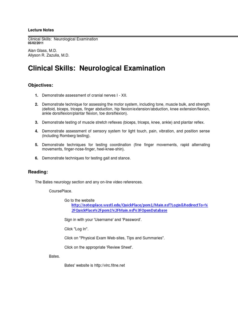 Neurological Exam Lecture Notes | PDF | Anatomical Terms Of Motion | Senses