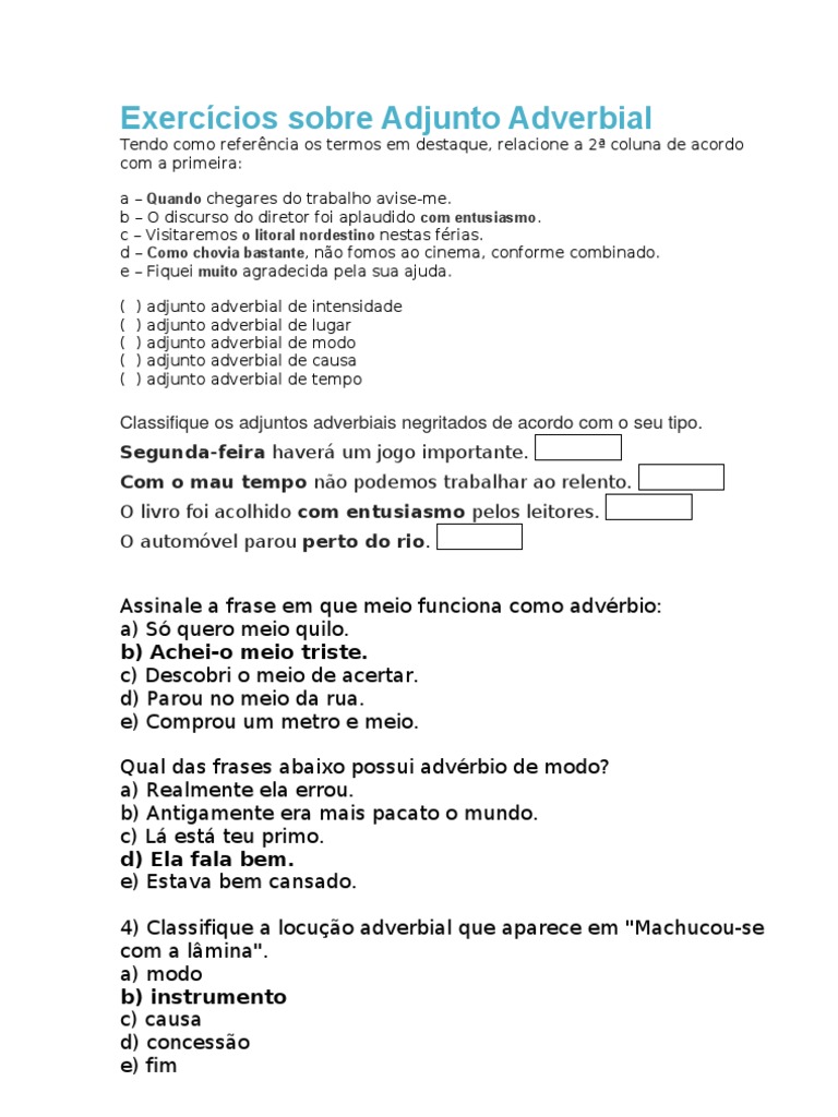 Exercícios Sobre Adjunto Adverbial | PDF