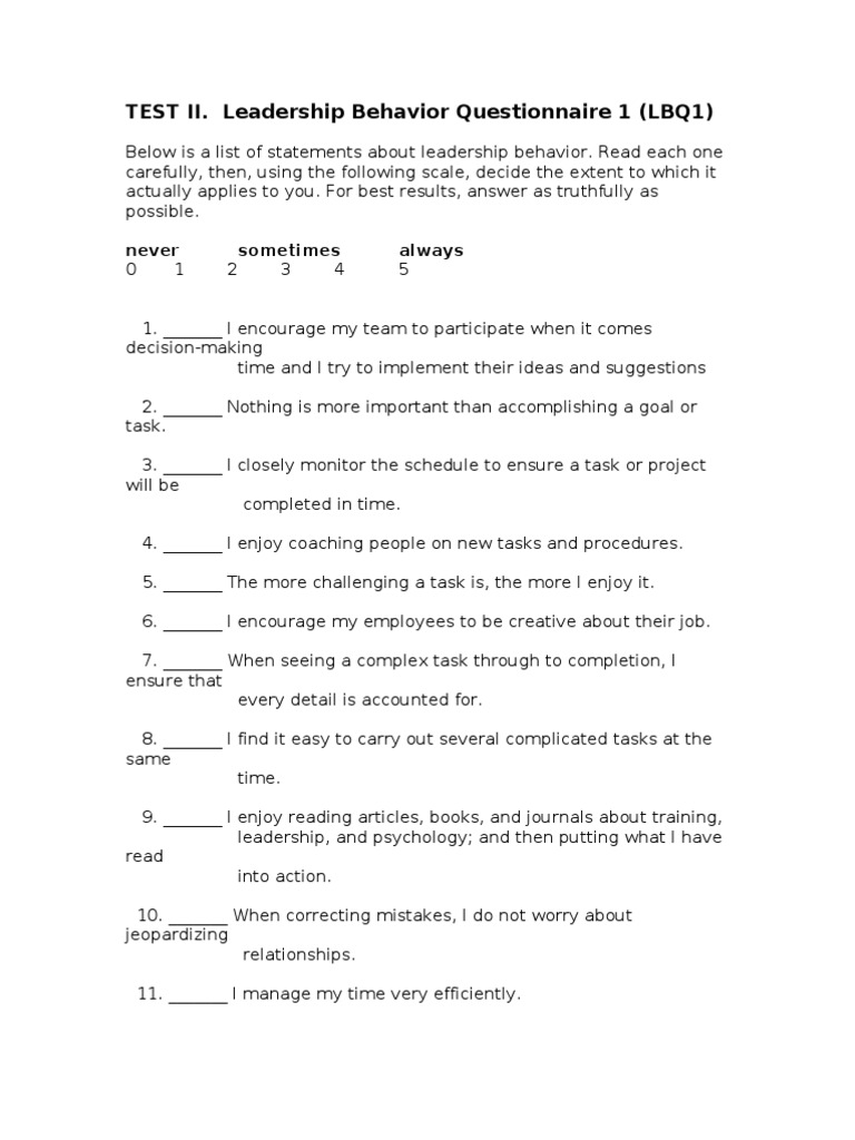TEST II. Leadership Behavior Questionnaire 1 (LBQ1) : Never Sometimes ...