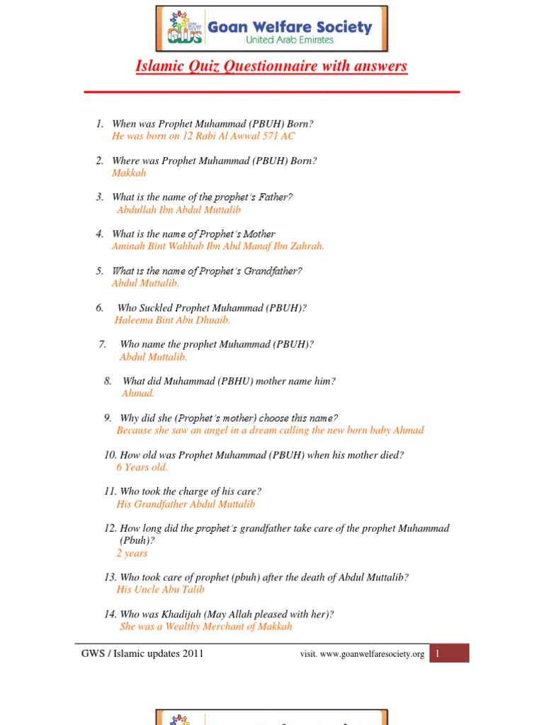 Islamic Quiz Questionnaire With Ans | PDF | Muhammad | Ali