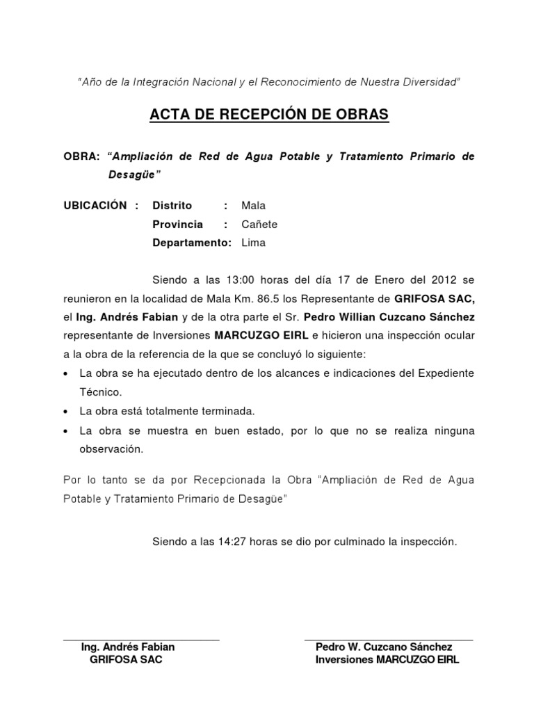 Acta de Recepcion de Obras