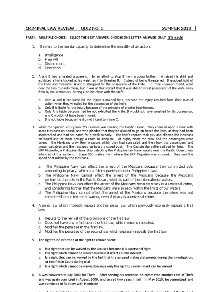 Criminal Law Review Quiz 1 | PDF | Intention (Criminal Law) | Crime ...
