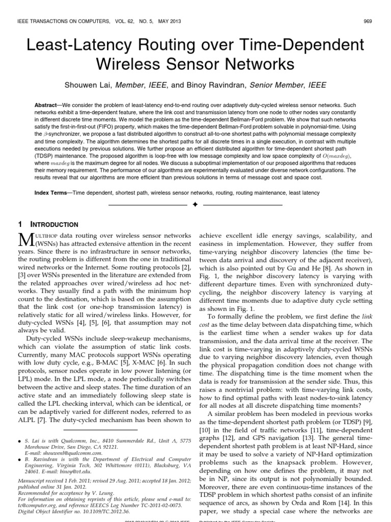 Least-Latency Routing Over Time-Dependent Wireless Sensor Networks | PDF | Routing | Wireless ...