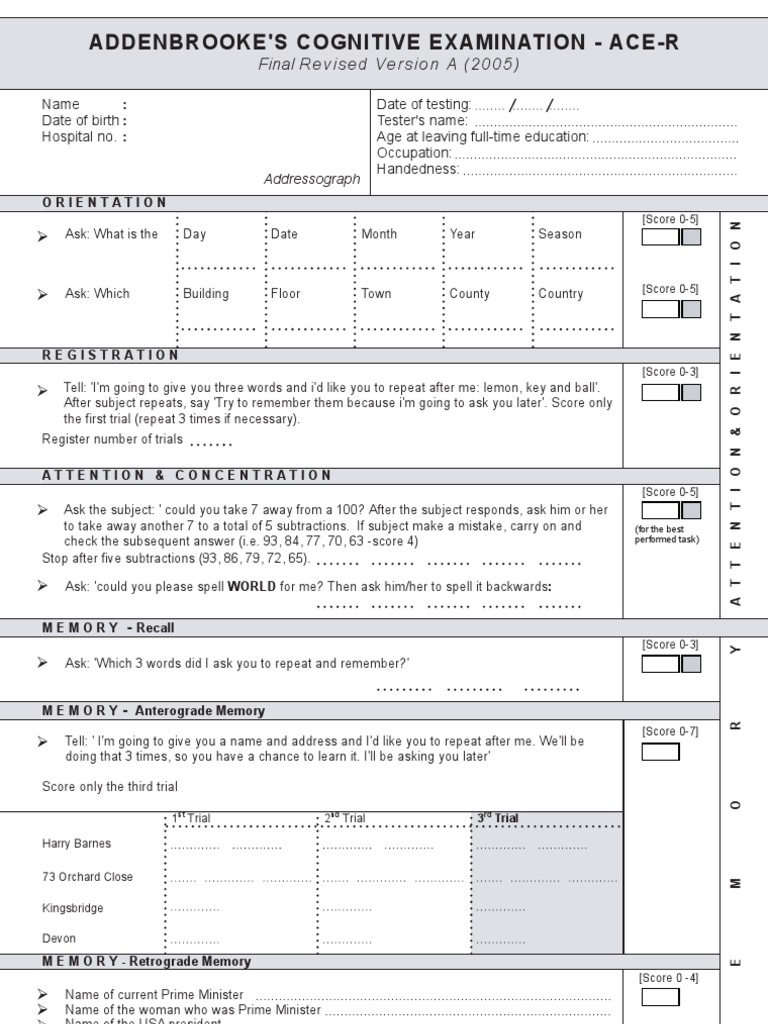 Addenbrooke's Cognitive Examination (ACE-R) | PDF | Sensitivity And ...