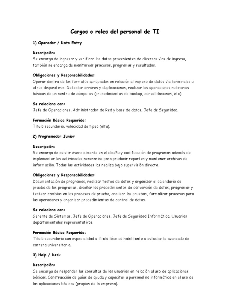 Cargos del Personal de TI en Empresas | PDF | Soporte técnico | La ...