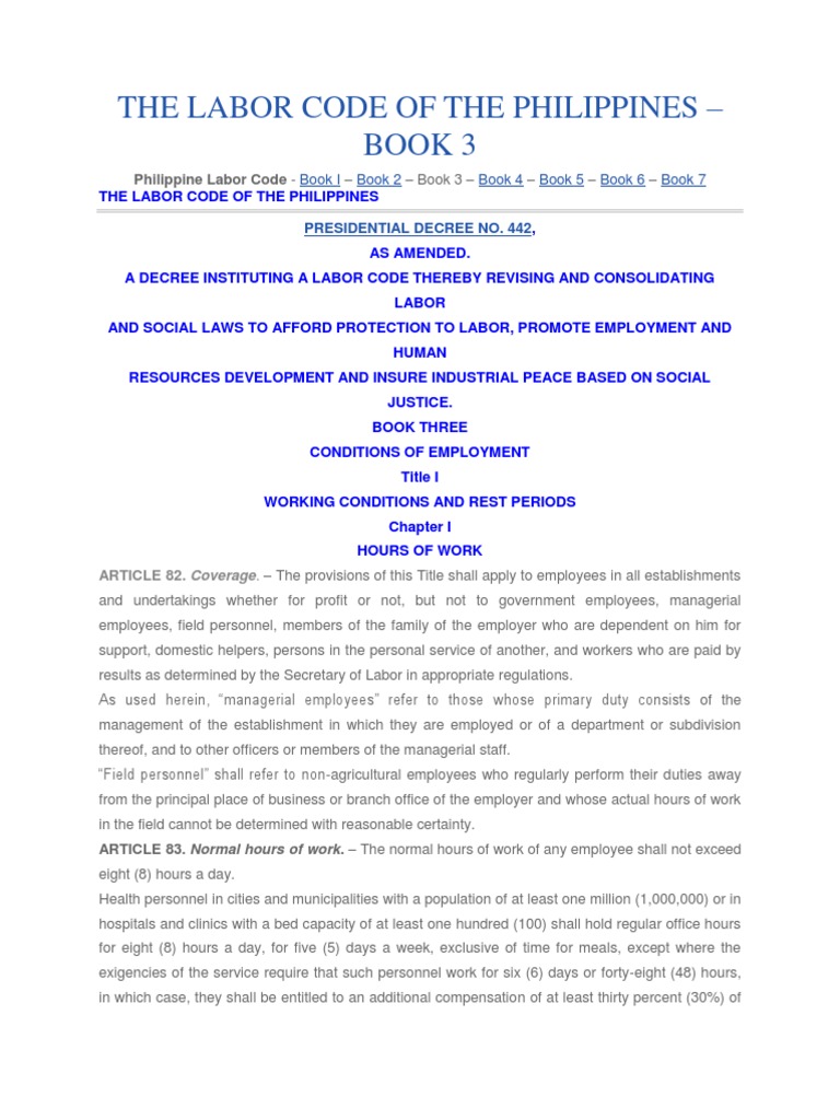 PD No. 442 Labor Code Bk 3 | Overtime | Employment