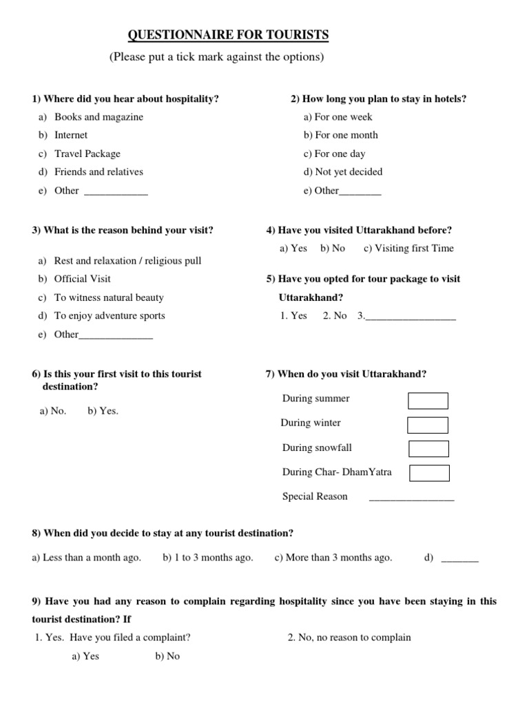 Questionnaire for Tourist[1] | Tourism | Hotel