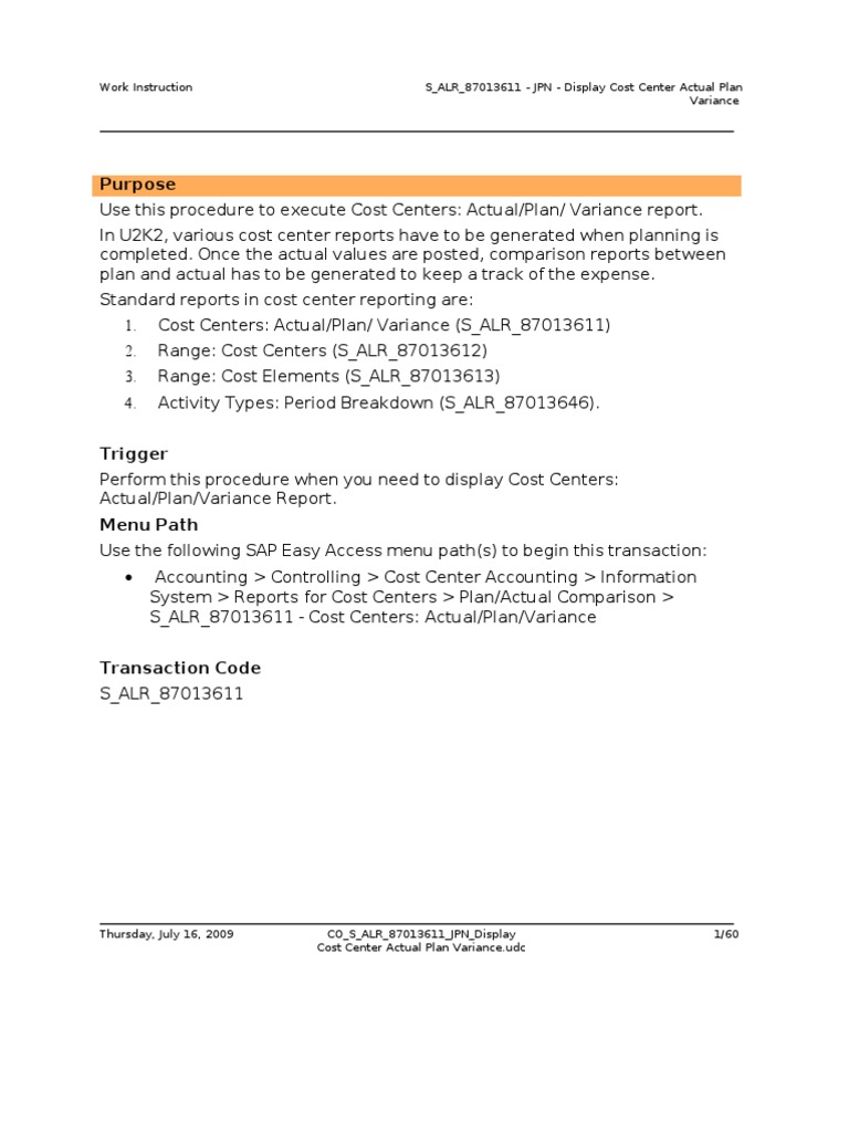 CO S ALR 87013611 JPN Display Cost Center Actual Plan Variance | PDF ...