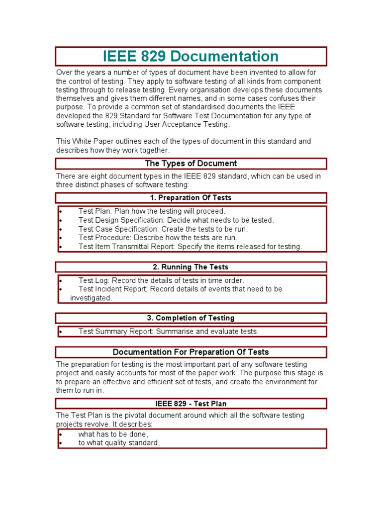IEEE 829 Documentation.doc | Software Testing | Specification ...