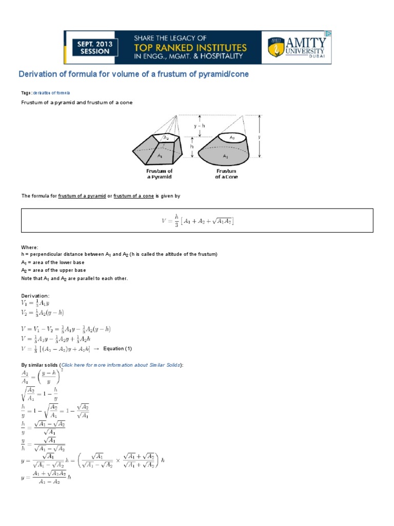 Derivation of Formula For Volume of A Frustum of Pyramid - Cone ...