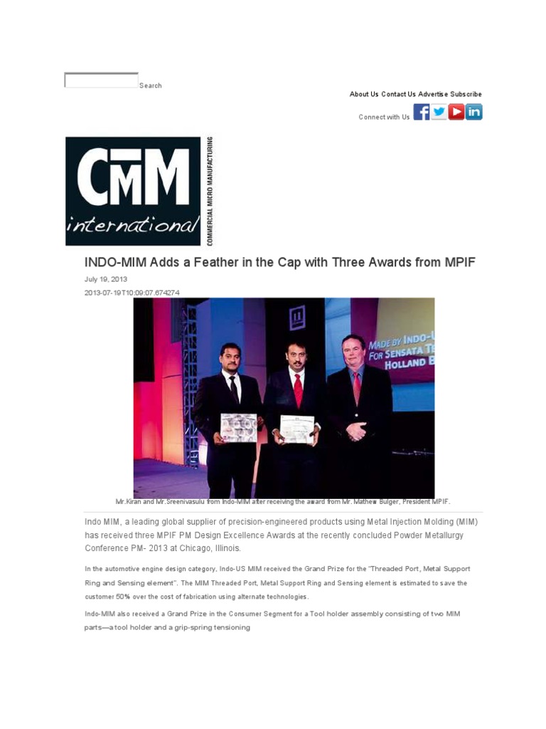 INDO-MIM Adds A Feather in The Cap With Three Awards From MPIF - CMM ...