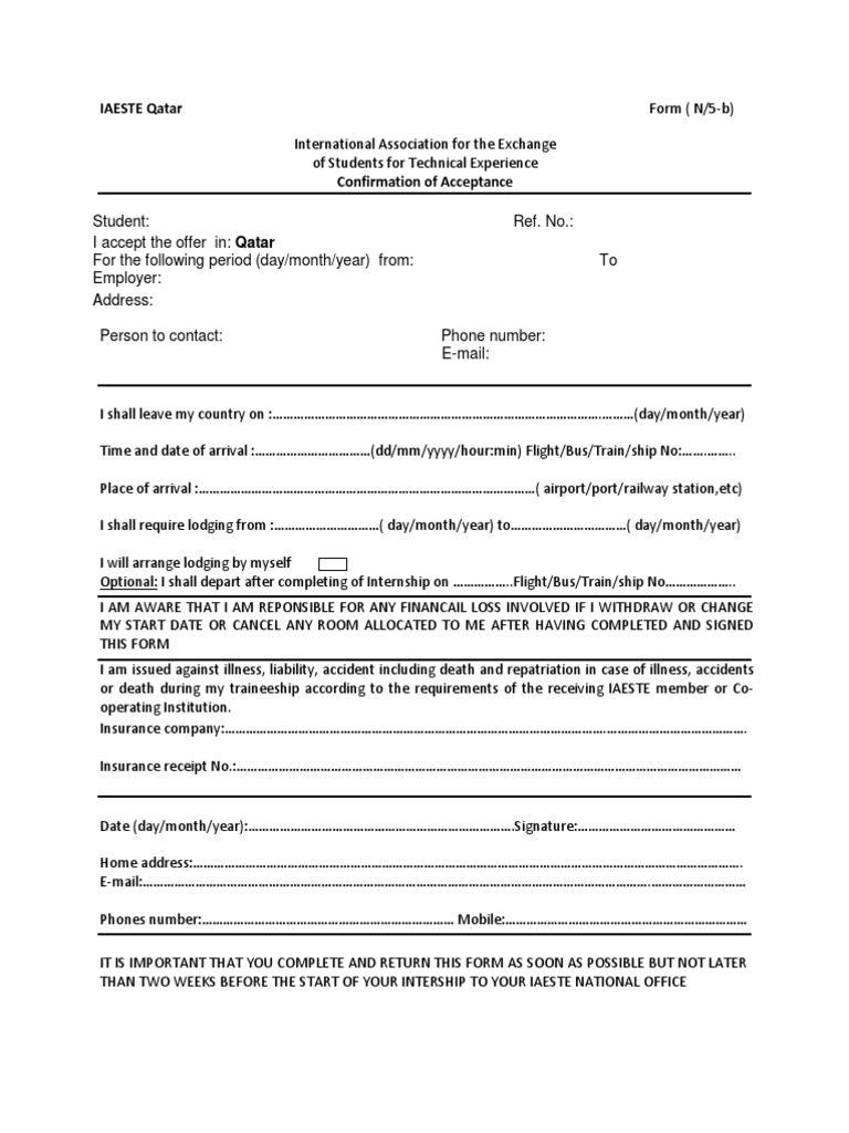 IAESTE Acceptance Forms (N5b, Emergency & Insurance Policy) | PDF ...