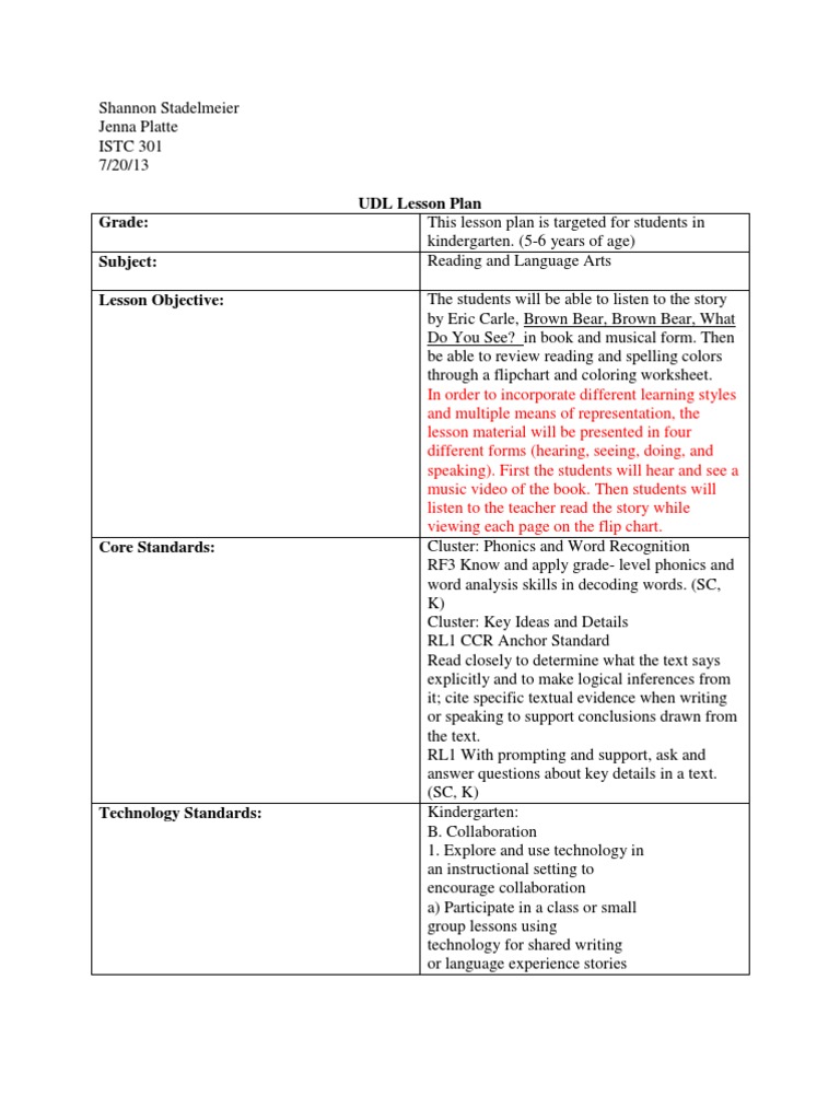 Brown Bear UDL Lesson Plan Revised | PDF | Lesson Plan | Learning Styles