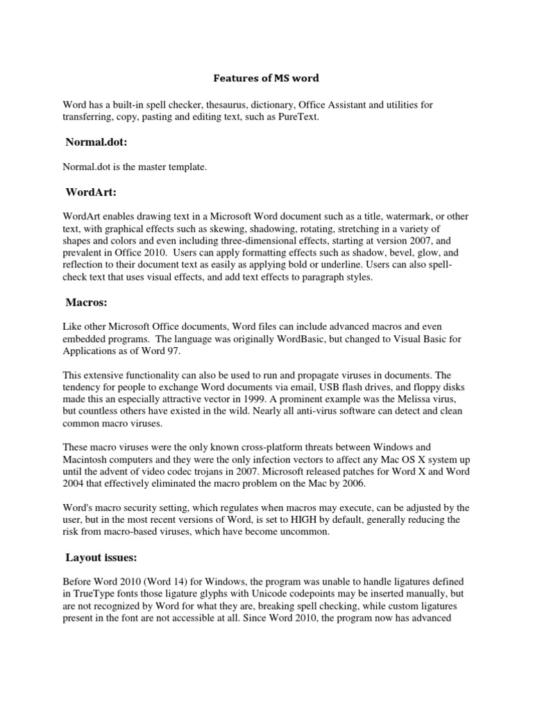 Features of MS Word | PDF | Microsoft Word | Application Software