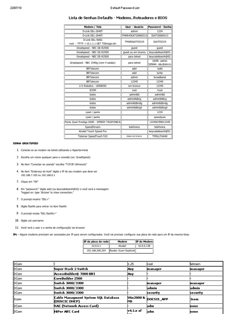 Default Password List | PDF | Computadores | Tecnologia e Engenharia