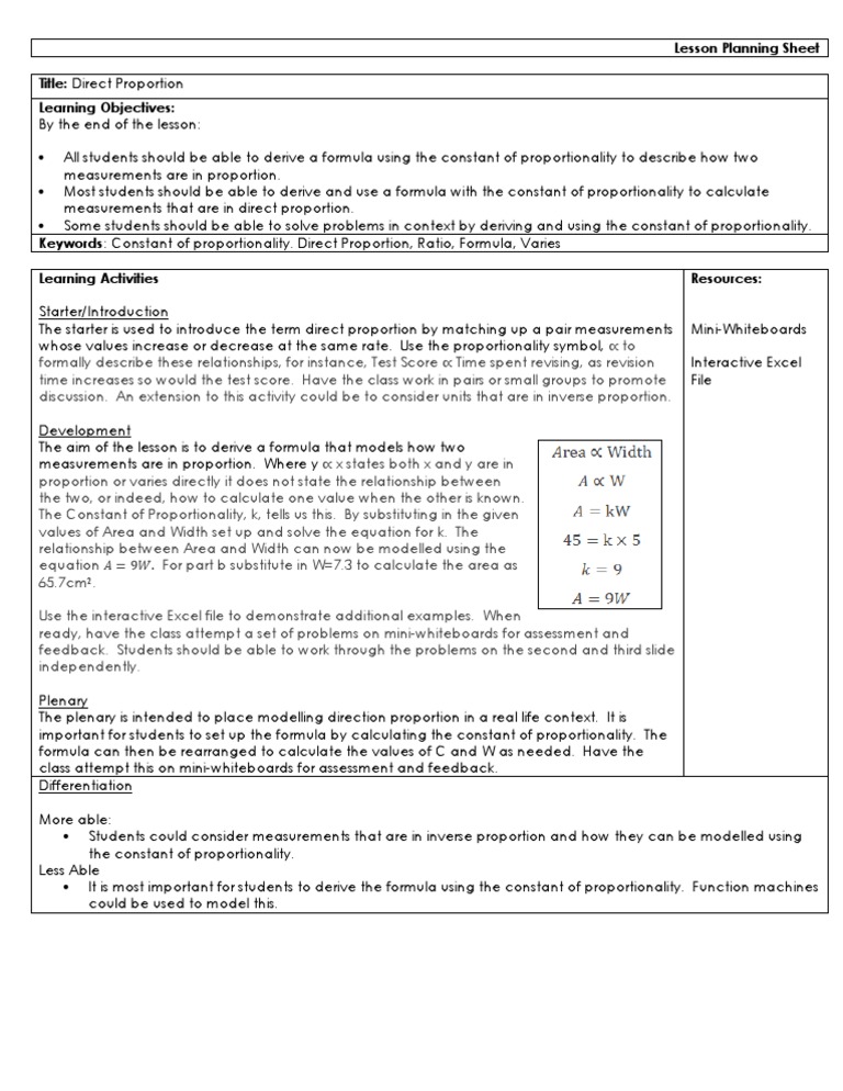 Lesson Plan Higher Direct Proportion | PDF | Formula | Lesson Plan