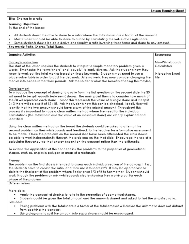 Ratio Sharing Lesson Plan | PDF | Ratio | Lesson Plan