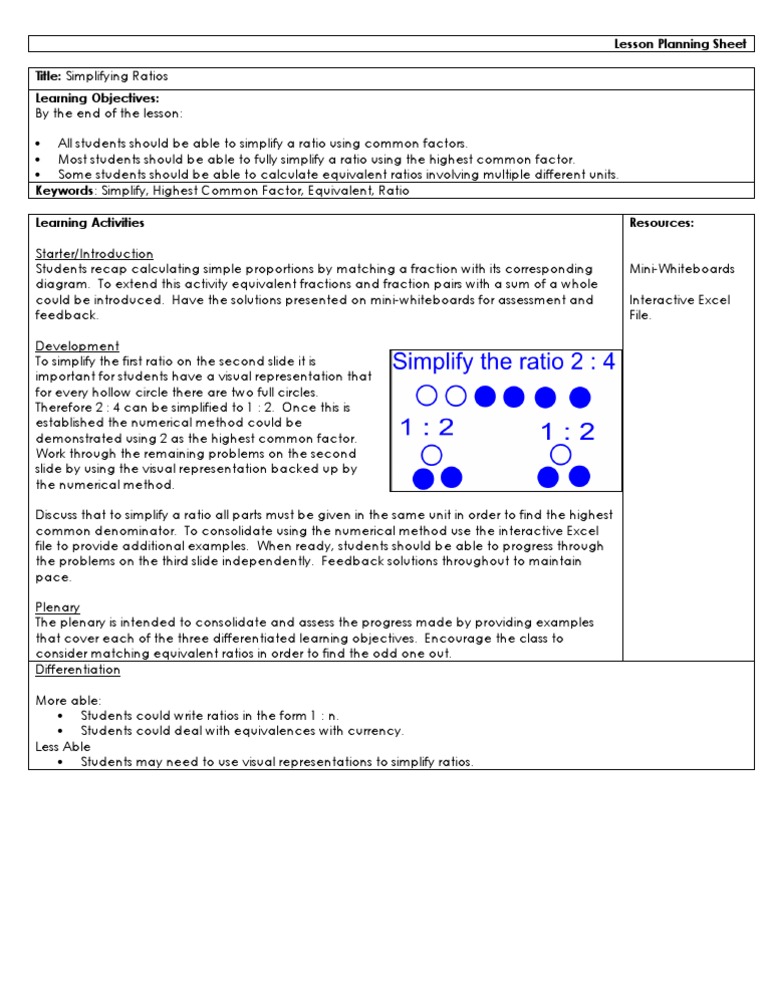 Lesson Plan Simplifying Ratios | PDF | Teaching Methods & Materials
