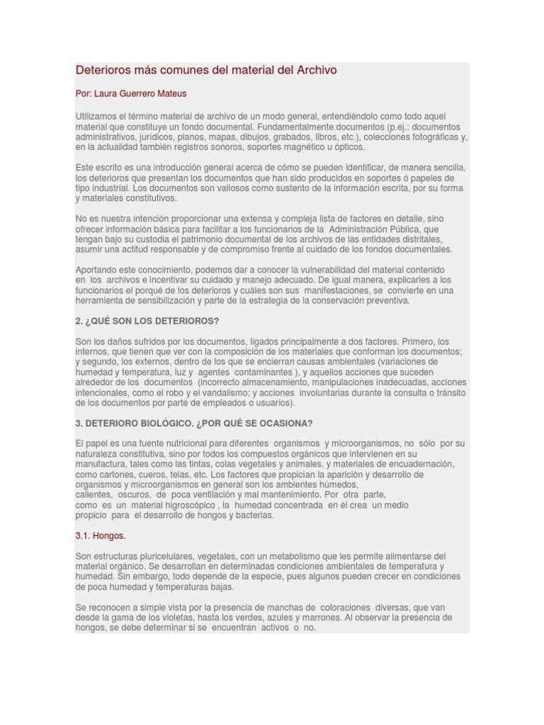 Deterioro Documental y Sus Factores | PDF | Papel | Microorganismo