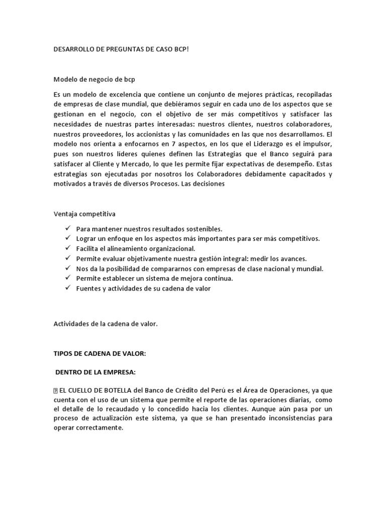 Desarrollo de Preguntas de Caso BCP | PDF | Bancos | Cadena de valor