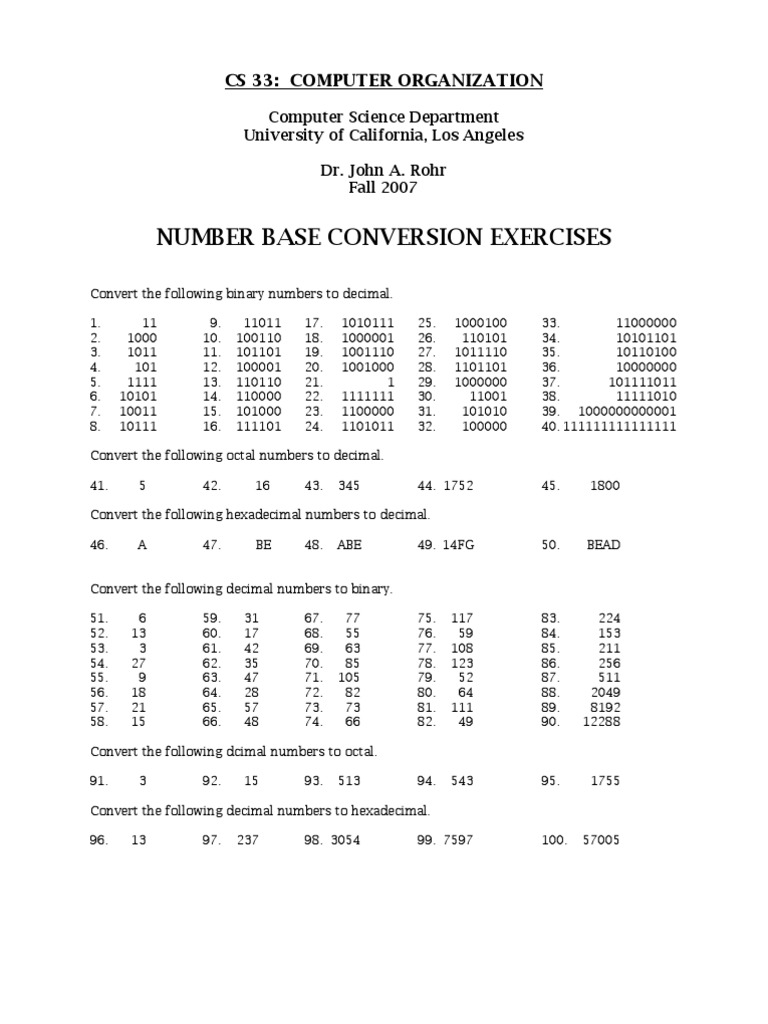 Number Base Conversion Exercises: Cs 33: Computer Organization | PDF | Decimal | Mathematical ...