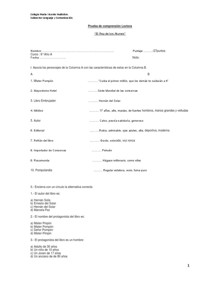 Prueba de Comprensión Lectora | PDF | Ocio