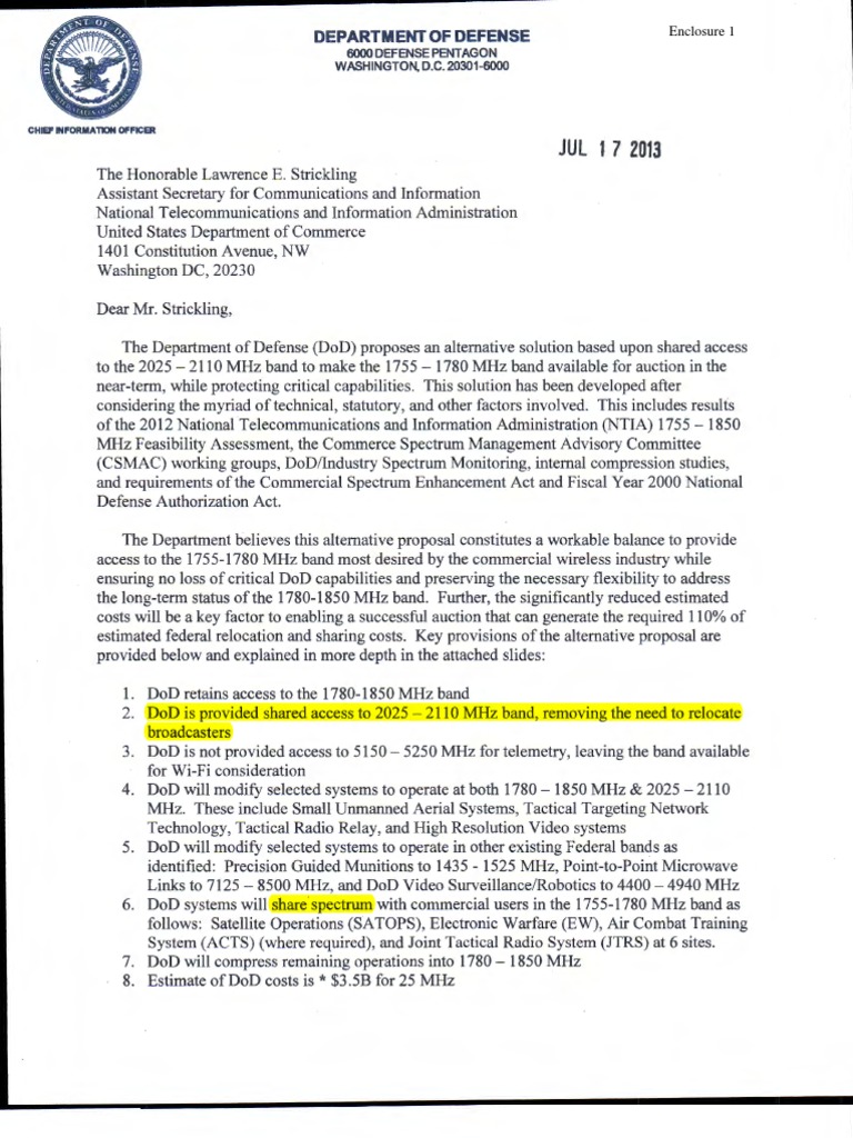 Department of Defense: 1. Dod Retains Access To The 1780-1850 MHZ Band ...